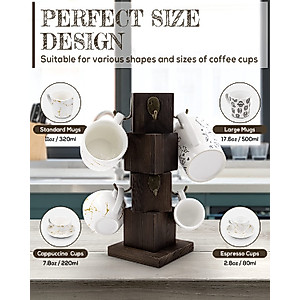 PUERSI Coffee Mug Holder for Counter, Rustic Solid Wood Mug Tree, Farmhouse Wooden Coffee Cup Rack, Distressed Mug Stand with 8 Hooks (Rustic Brown)