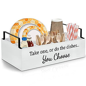 Kitchen Countertop Paper Plate Caddy Holder, Wood Utensil Caddy Holder Organizer for Plates and Cutlery, Silverware Caddy Picnic Caddy Condiment Caddy for Parties BBQ and Outdoor Kitchen Accessories