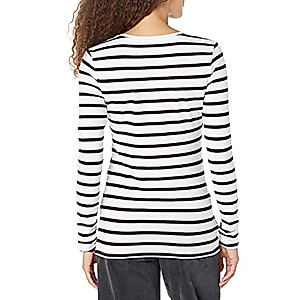 Amazon Essentials Women's Classic-Fit Long-Sleeve Crewneck T-Shirt (Available in Plus Size), Black/White Stripe, Small