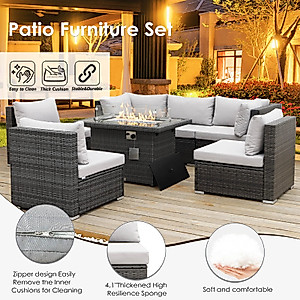 RADIATA PE Wicker Patio Furniture Set Sectional High Back Large Size Sofa Sets with Propane Fire Pit Table 55000 BTU Balcony Rattan Lounge Conversation Sets for Outdoor (7 Pieces,Light Gray)