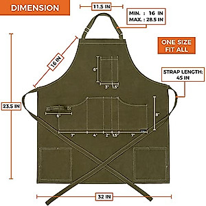opux Chef Apron for Men, Kitchen Apron with Pockets for Women, Large Unisex Canvas Apron for Cooking Grilling BBQ Baking, Heavy Duty Apron for Work, Olive Green
