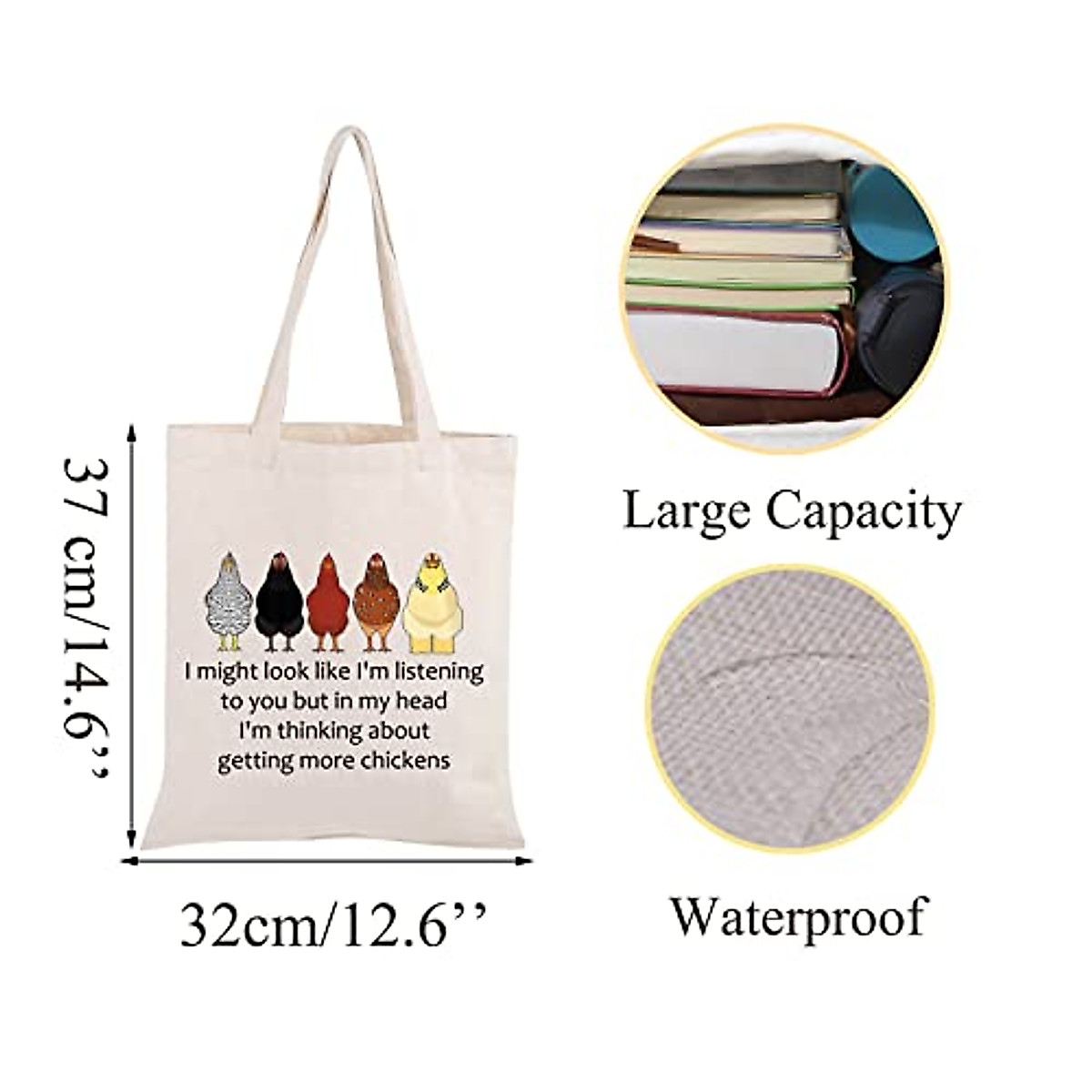 JNIAP Chicken Tote Bag Chicken Lover Gift Chicken Hen Farmer Gift I'm Thinking Chicken Grocery Bag Chicken Lady Handbag (Chicken Tote Bag)