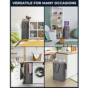 yamagahome Slim Laundry Basket with lid, Collapsible Narrow Laundry Hamper with Removable Washable Laundry Bag, Thin Hamper Storage Basket Made of Bamboo and Oxford for Bedrooms, Bathroom, RV, 52L