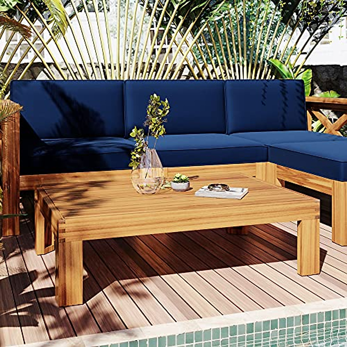 Goohome 5-Piece Wood Furniture Set, L-Shaped Outdoor 3-Seater Sectional Sofa Seating Group ConversationSets with Coffee Table and Water-Resistant, Patio, Backyard, E-Natural Finish+ Blue Cushions
