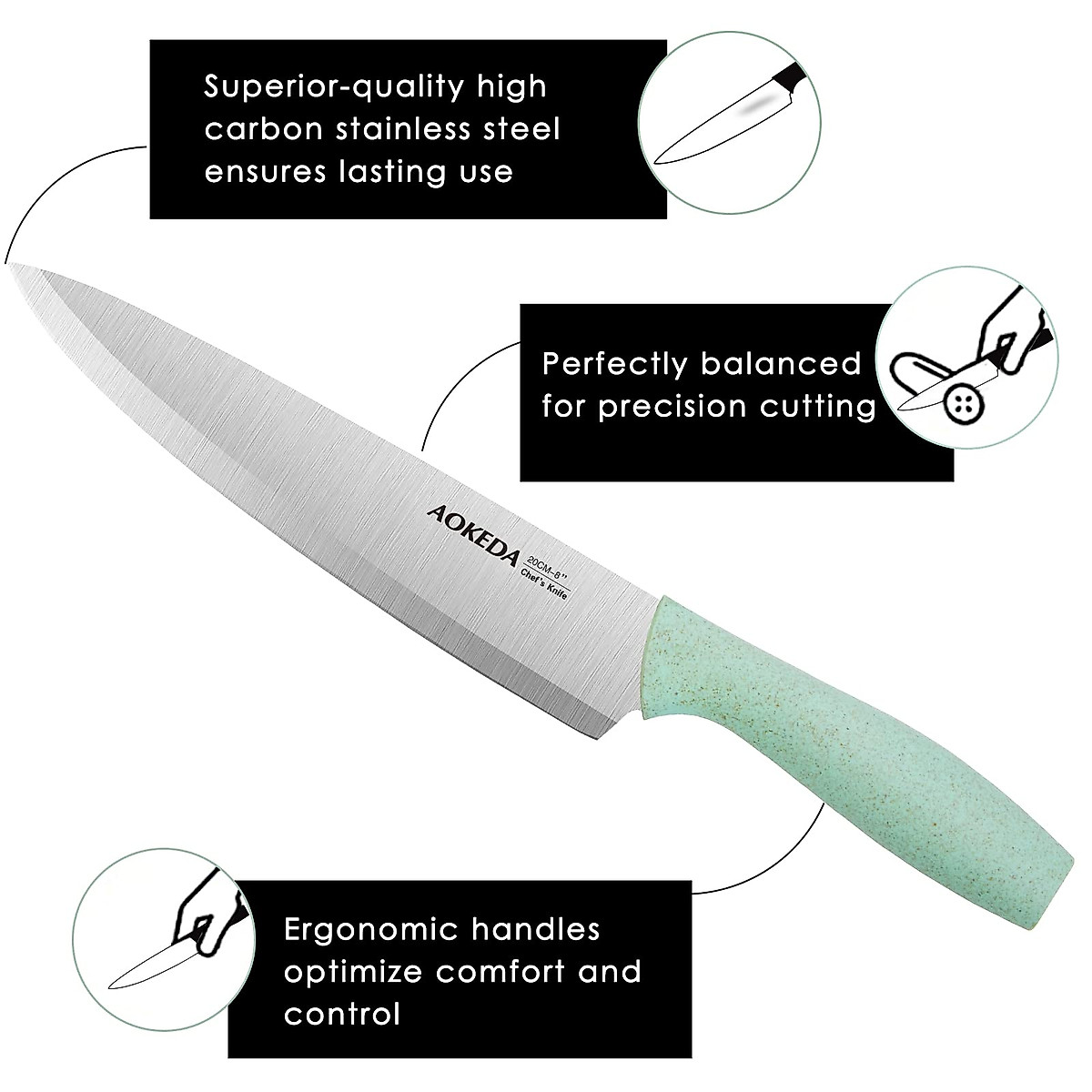 AOKEDA 15pcs Kitchen Knife Set with Block, Sharpener and Scissor, Stainless Steel Knives with Extre-light Straw Handle (Mint Green)