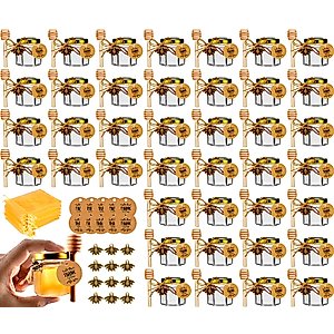DnayDkiy 40 Pack 1.5 oz Hexagon Mini Glass Honey Jars with Dipper, Gold Lids, Bee Pendants, Jutes, Golden Gift Bags and Thank You Cards - Perfect for Baby Shower Favors, Wedding Favors Party Favors