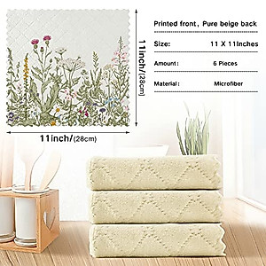 Seamless Floral Herbs and Wildflowers Botanical Pattern Pack of 6 Pcs Kitchen Dish Towels, Absorbent Soft Dishcloths for Bar cafe Car Table Chair Window Washable Towels 11 x 11 inches