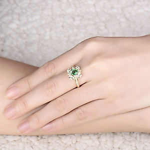 Lanmi 14K Yellow Gold Vintage Natural Green Emerald Rings Diamonds Band Engagement Wedding for Women Promotion