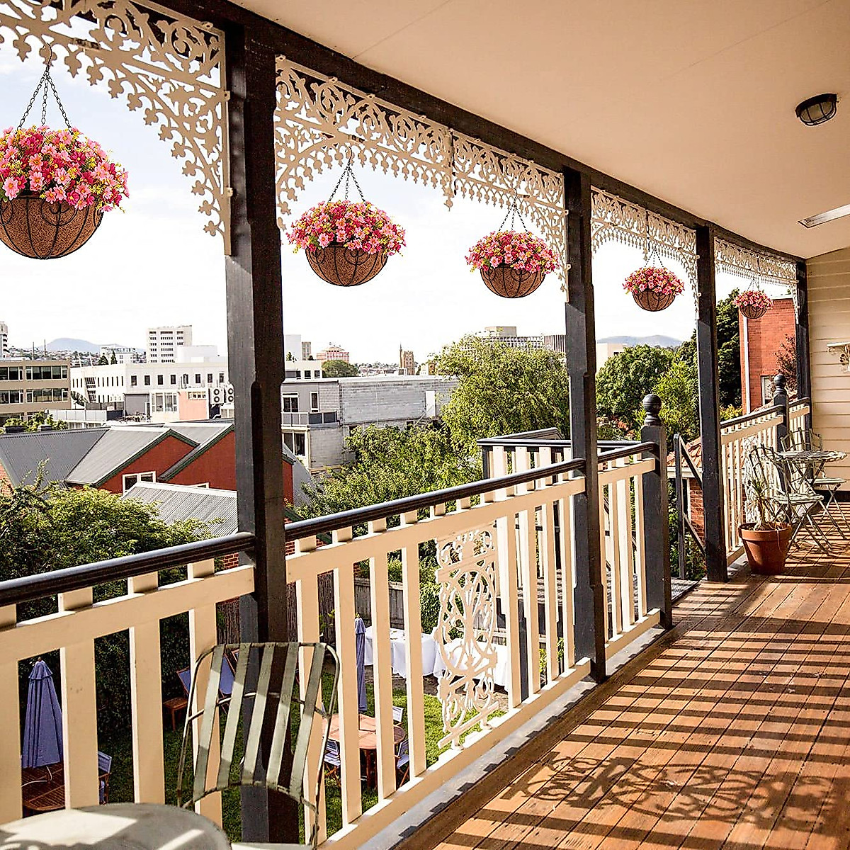 Maybox Artificial Hanging Basket with Flowers for Garden Eave Patio Lawn Decor 49Pcs Fake Daisy Bunches in 11.8 inches Metal Planter with Coco Coir Liner