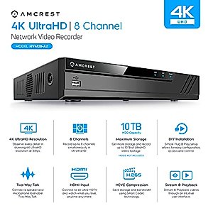Amcrest NV4108-A2 4K 8CH NVR (1080p/3MP/4MP/5MP/8MP) POE Network Video Recorder - Supports up to 8 x 8MP/4K IP Cameras, 8-Channel, Supports up to 10TB Hard Drive (No Built-in WiFi)