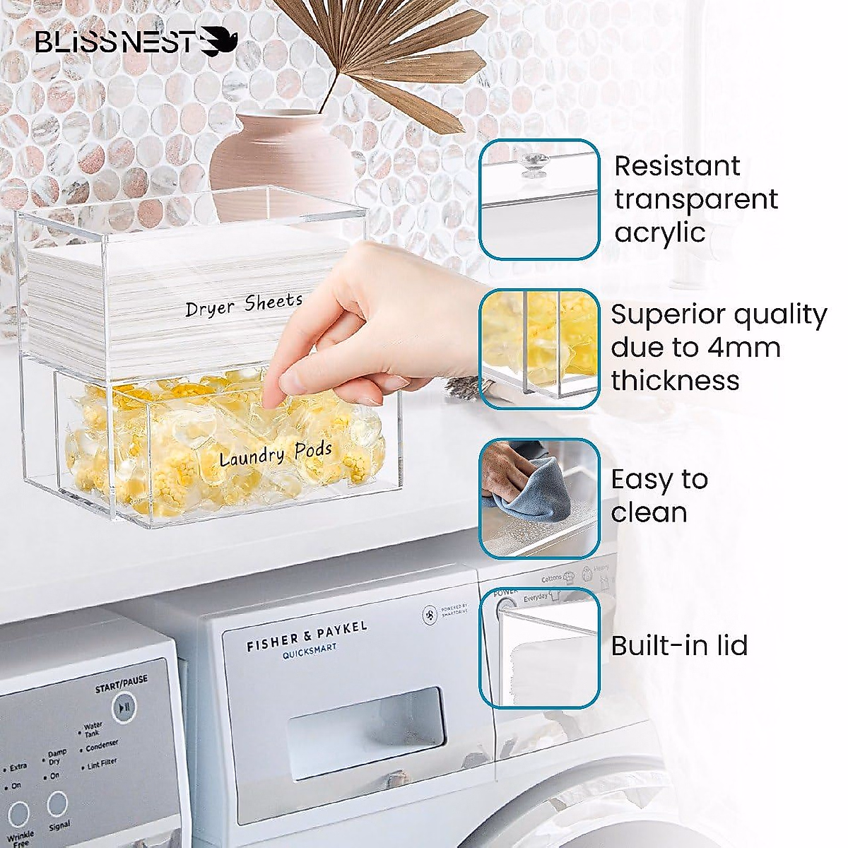 BLiSSNEST - Laundry Pods Container - Laundry Organizer - Laundry Room Organization - Acrylic Containers - Dryer Sheet Holder - Dryer Sheet Container - Laundry Detergent Organizer - Laundry Pod Holder