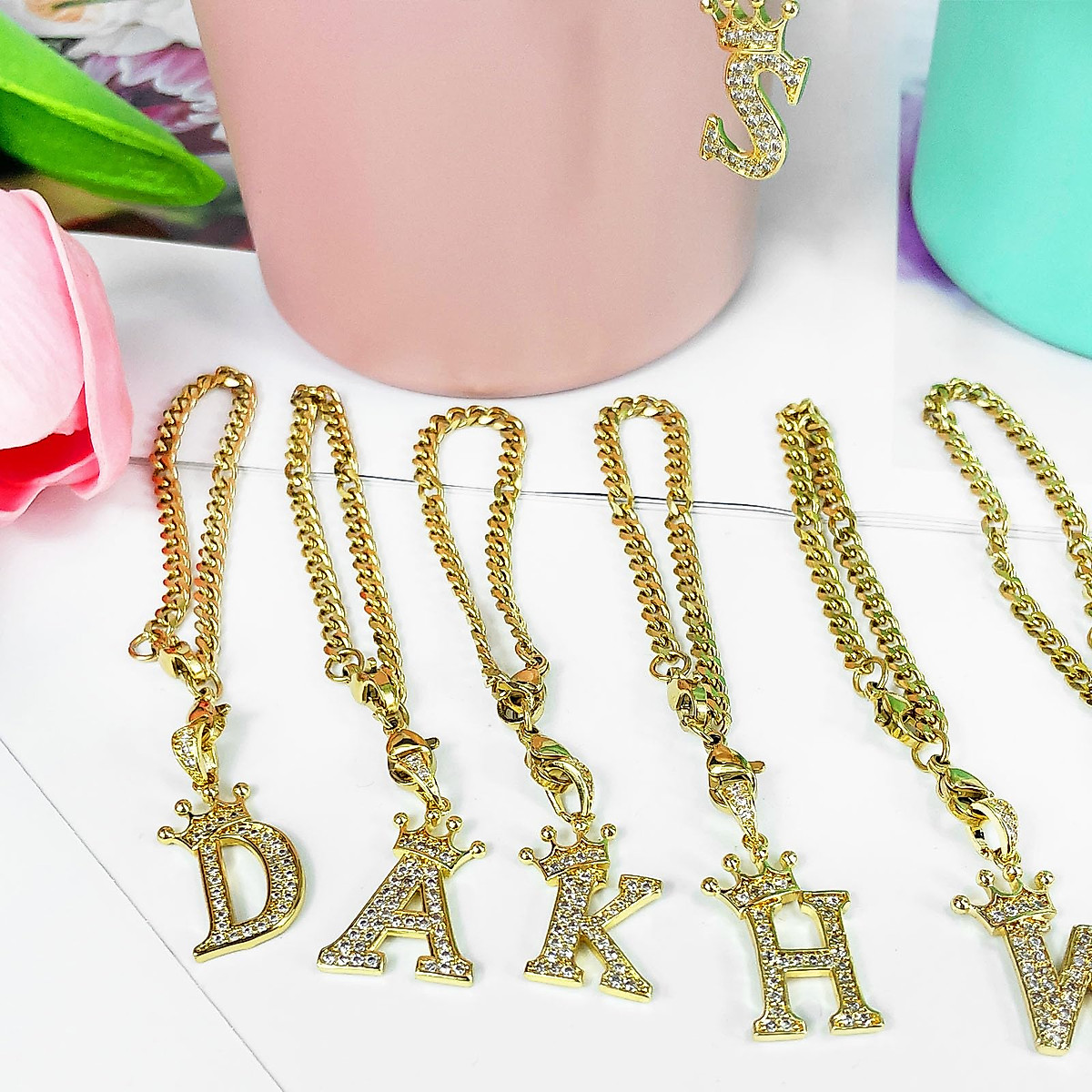 LUHOHI Cup Charms for Stanley Handle- Crown Letter Charms Accessories for Stanley Handle 40 Oz Tumblers Gold Initial Keychain Water Bottle Cup with Diamond Glitter Jewelry Personalized Decorations C