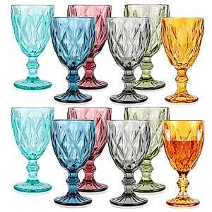 Set of 12 Vintage Glass Goblets Bulk 10 oz Multi Colored Stemware Wine Glasses Crystal Stemmed Drinking Glasses Cups Diamond Pattern Glassware Set for Party Wedding Bar Water Juice Beverage 6 Colors