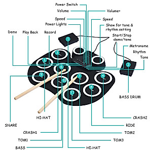 Costzon 9 Pads Electronic Drum Set with LED Light, Portable Roll up MIDI Drum Practice Pad w/Bluetooth, 7 Tones & Rhythms, 10 Demos, Foot Pedals, 2 Built-in Speakers, for Beginners Kids (Black)