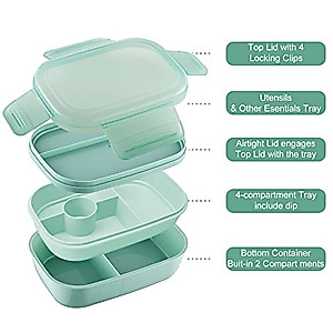 Landmore Bento Box Adult Lunch Box, 3 Stackable Bento Lunch Containers for Adults/Kids, 3 Layers All-in-One Bento Box with Utensil Set, Leak-Proof Bento Box for Dining Out, Work, Picnic, School Green