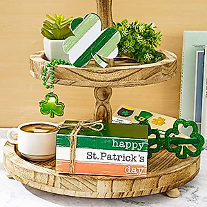 Whaline St. Patrick's Day Wooden Tiered Tray Decor Faux Decorative Stacked Books Bundle Happy St. Patrick's Day Wooden Block Sign with Shamrock for Irish Holiday Kitchen Home Table Decor