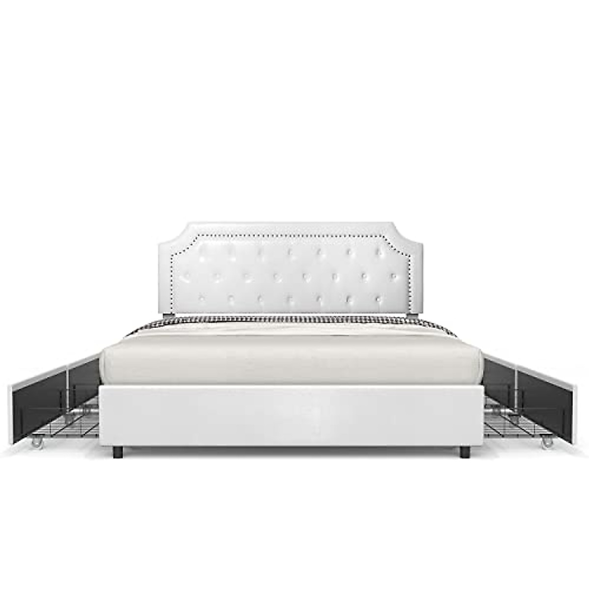 BONSOIR Queen Size Storage Bed Frame Upholstered Low Profile Traditional Platform with Tufted and Nail Headboard/4 Pull Out Drawers/White Faux Leather