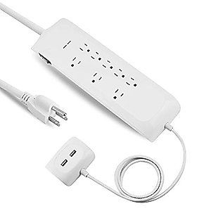 8 Outlet Surge Protector Power Strip with2 USB Charging Ports (2.4A), 6 + 4 FT Extension Cord with Straight Plug, 2400 Joules Overload Portection,Wall Mountable, ETL Listed, White