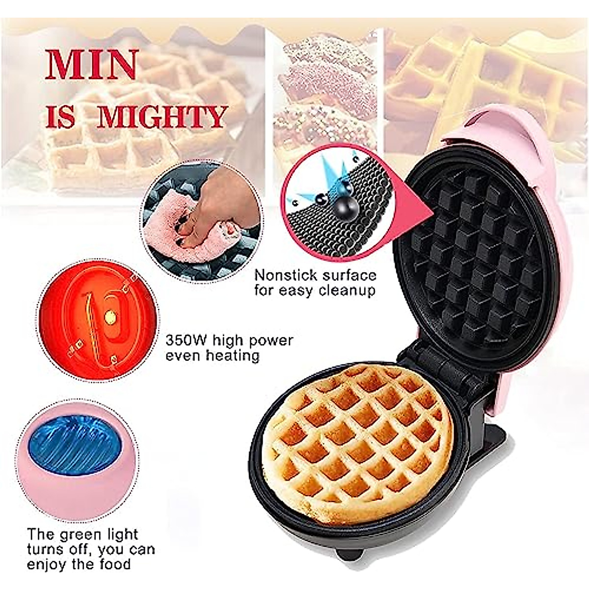 Mini Maker Waffle Maker 5“ Non-Stick Waffler Iron Stuffler Stuffed Wafflera Adjustable Browning Control, Heart, Pink