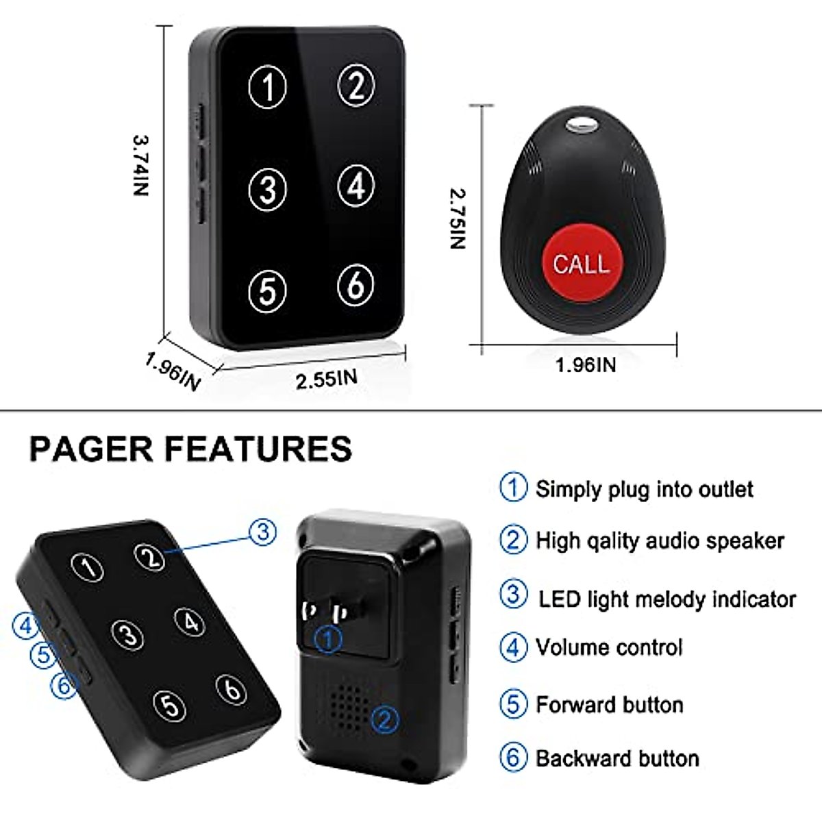 CallToU Caregiver Pager Wireless Call Button Nurse Call System 500Ft with LED Number Display for Elderly Patients Seniors Home Emergency Alert 2 Plug-in Receivers 6 Waterproof Portable Transmitters