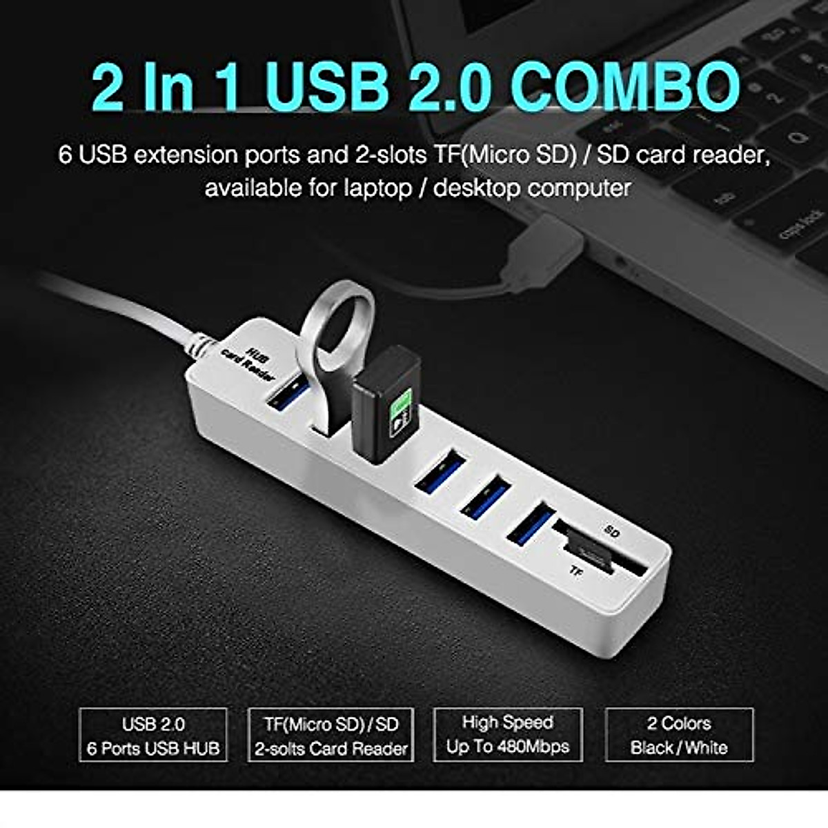 Leya-US LEYAYA Multi USB 2.0 Hub USB Splitter High Speed 6 Ports with TF SD Card Reader(Black) (Color : White)