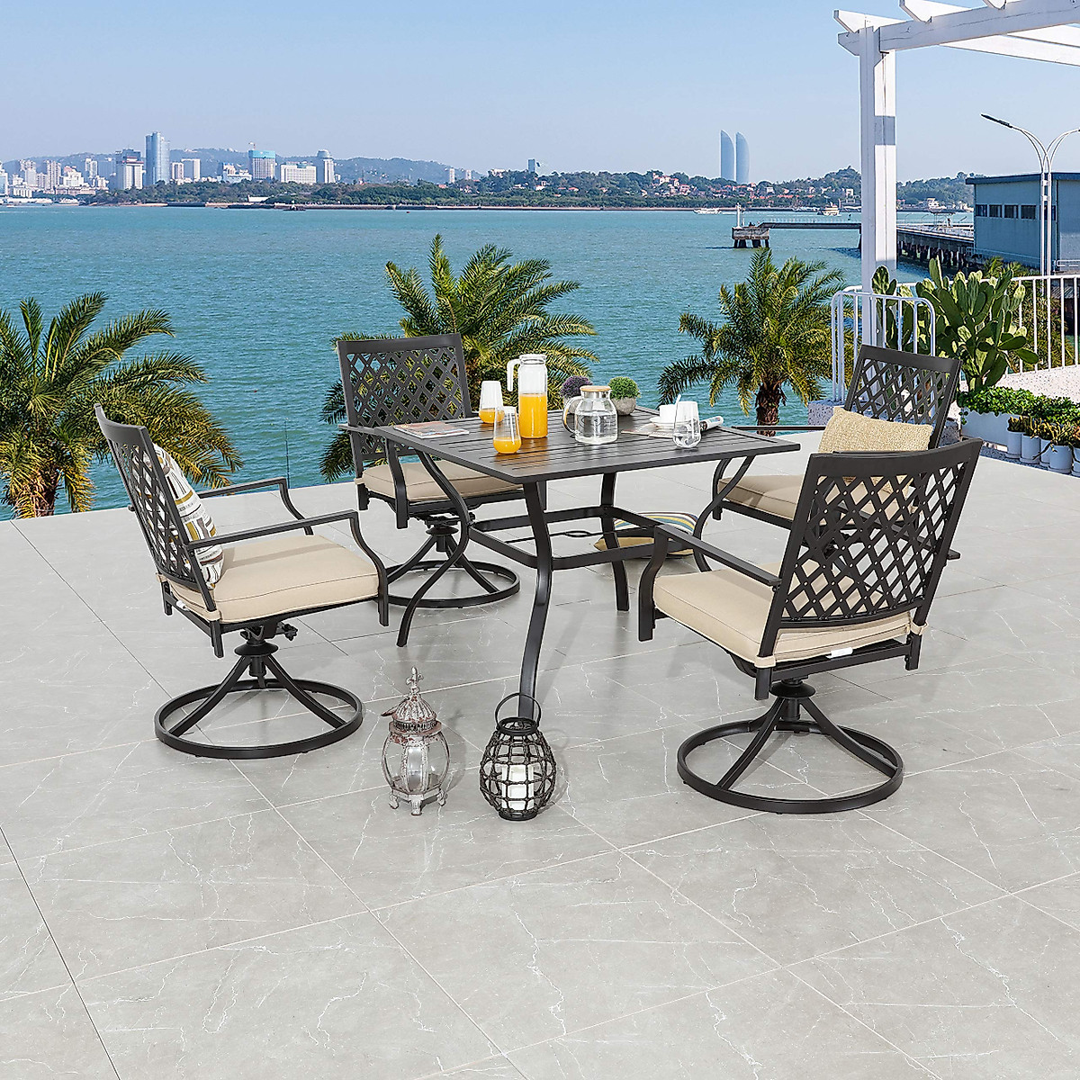 LOKATSE HOME 5 Piece Patio Dining Set Outdoor Furniture 4 Swivel Chairs with Cushion and 37" Square Umbrella Hole Table for Bistro Backyard Garden, Khaki