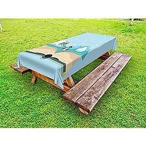 Ambesonne North Pole Outdoor Tablecloth, Iglo Eskimo Polar Bear Penguin on a Book Fiction Land, Decorative Washable Picnic Table Cloth, 58" X 84", Pale Blue and Multicolor