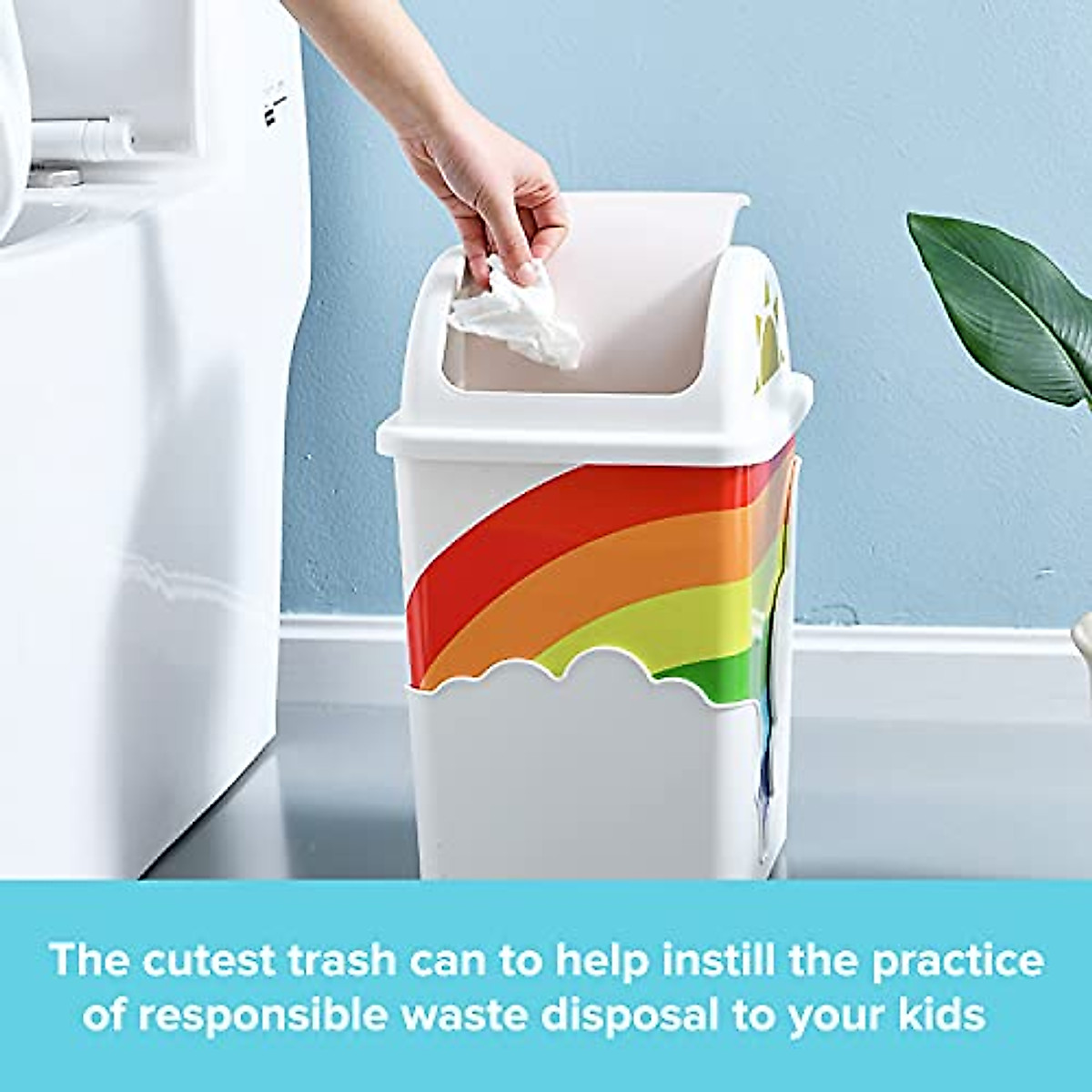 Rainbow Trash Can (1-Pack) - Cute Waste Basket for Kids Room - 9.6”x9.6”x15.7” Indoor Swing Top Trash Can with Lid - Garbage Can for School & Daycare - Swivel Touchless Garbage Cans - For Baby Nursery and Rainbow Themed Room Rainbow Baby Shower