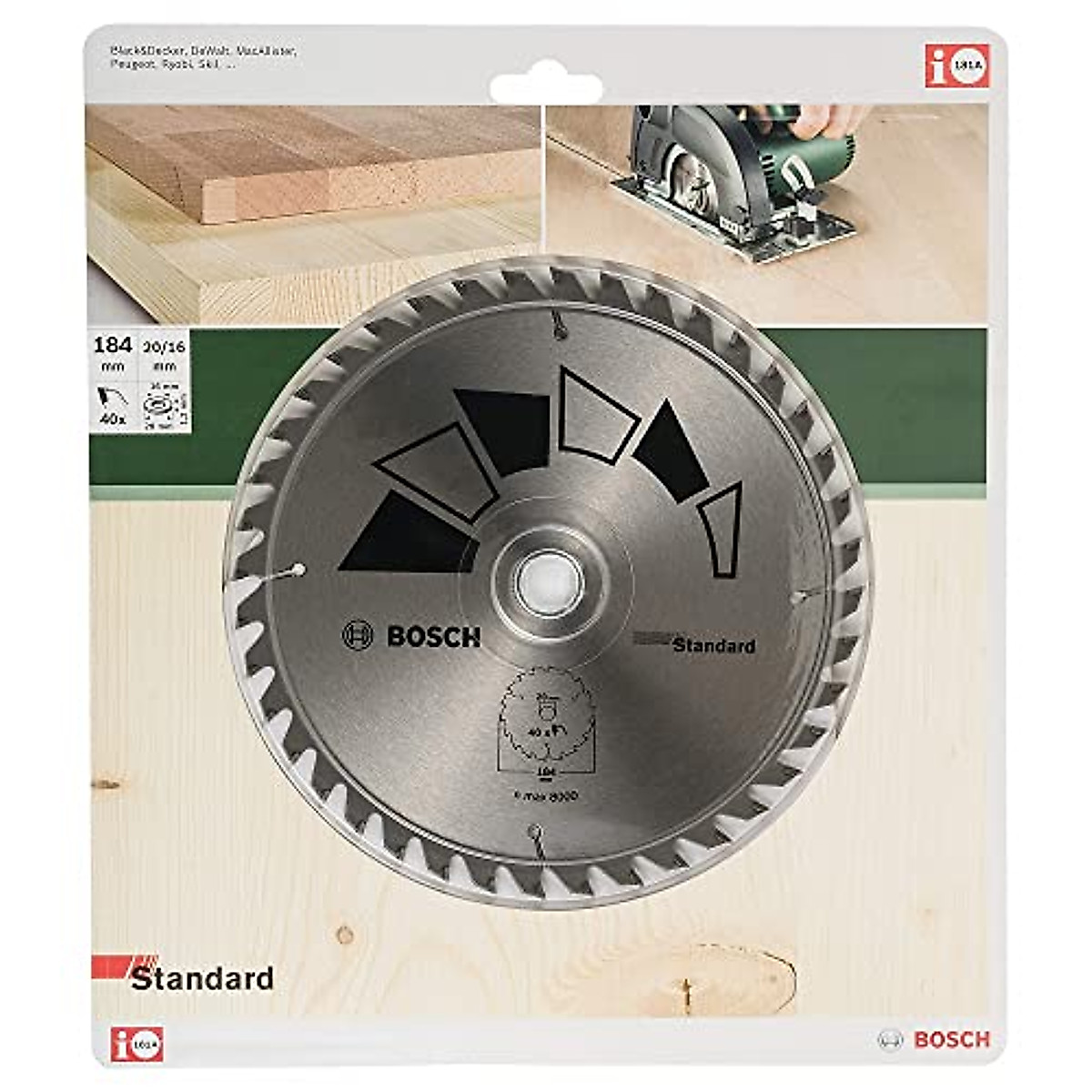 Bosch 2609256 B56 Standard Carbide Circular Saw Blade with 40 Teeth – 184 mm in Diameter – 20 mm Bore (2.2 mm with Reduction Ring) – 1.6 mm Cutting Width