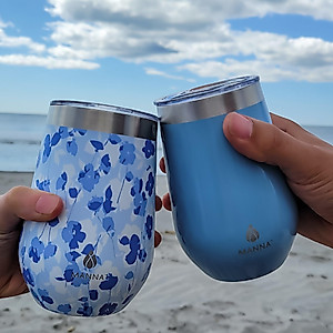 Manna Double Wall Insulated Stainless Steel Stemless Wine Cup Tumbler with Splash-Proof Sliding Lid - 12 Oz - Set of 2 - Blue Floral and Blue