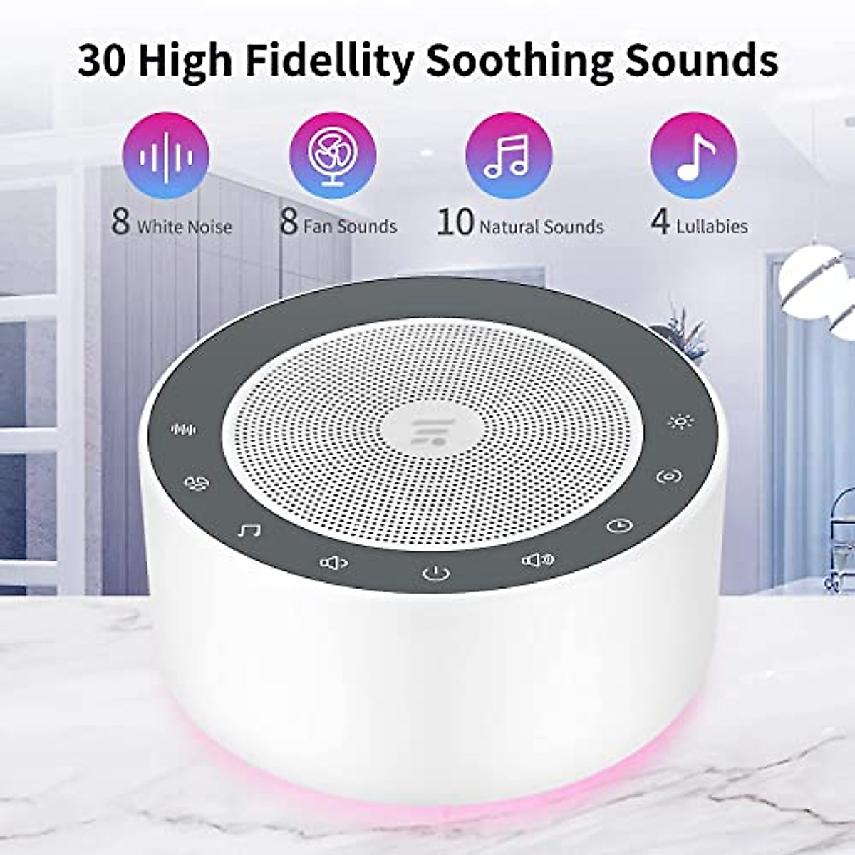White Noise Machine with 30 High Fidelity Soundtracks, 7 Colors Night Lights, Full Touch Metal Grille and Buttons, Timer and Memory Features, Plug in, Sound Machine for Baby, Adults