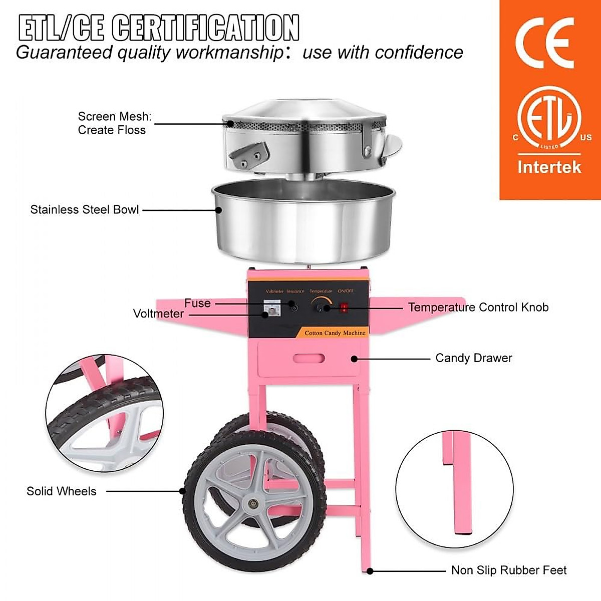 Commercial Electric Cotton Candy Machine with Cart, Stainless Steel Bowl, Sugar Scoop and Drawer - Perfect for Home, Kids Birthday, Family Party - Pink