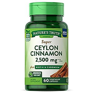Ceylon Cinnamon Capsules | 2500mg | 60 Count | Vegetarian, Non-GMO & Gluten Free Supplement | Plus Chromium and Biotin | by Nature's Truth