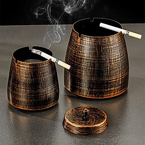 JIMS Outdoor Cigarette Ashtray with Lid, Indoor Stainless Steel Smokeless Ash Tray Windproof Smell Proof Odorless Home Ashtrays for Office Tabletop Garden Balcony Patio ( Retro,Medium), AB-01