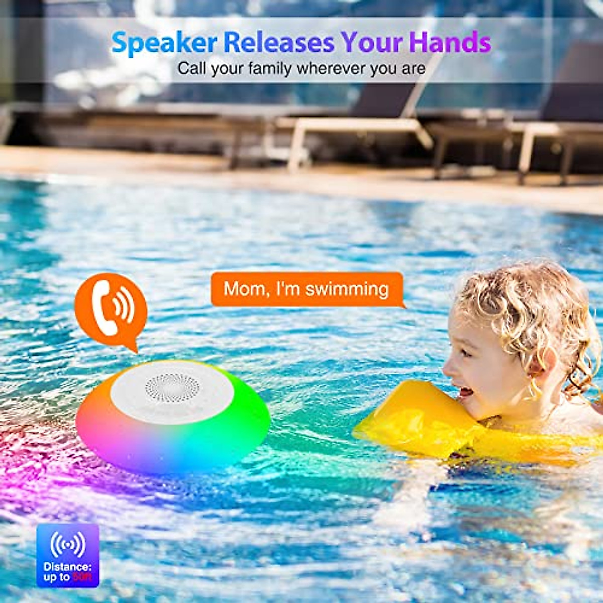 Bluetooth Speakers with Colorful Lights - Portable Pool Speaker IPX7 Waterproof Floating with 8 Modes - Built-in Mic HD Stereo Sound Hands-Free Wireless Hot Tub Speaker for Shower Home Outdoor