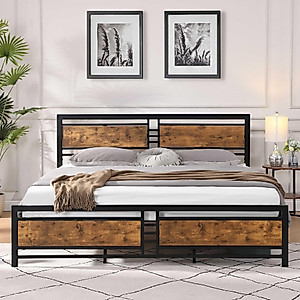 RIDFY Queen Bed Frame with Industrial Headboard and Footboard, Heavy Duty Platform Bed Frame with Under-Bed Storage, Mattress Foundation, Metal Slat Support, Noise-Free, No Box Spring Needed