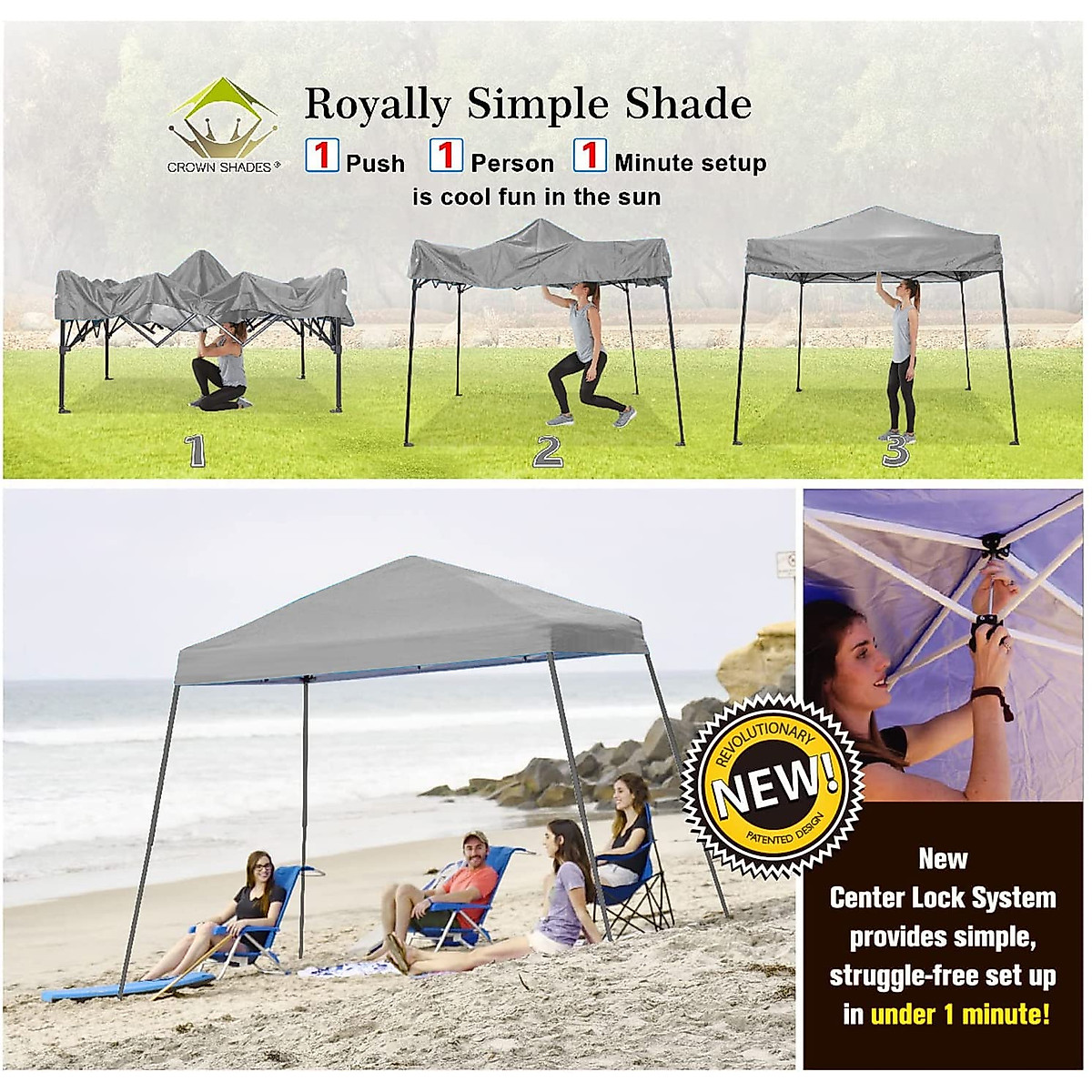 Crown Shades 8' x 8' Base 6.5' x 6.5' Top Telescoping Slant Leg Outdoor Instant Pop-Up Portable Waterproof Shade Folding Canopy with Carry Bag, Gray