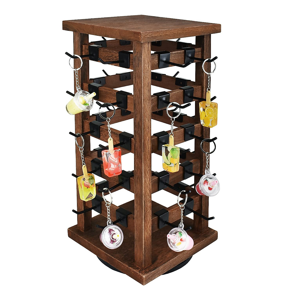 Ikee Design 5 Tiers Easy Assemble Wood Rotating Jewelry Display Tower with 42 Removable Hooks,Spinning Earring Card Storage Display Stand for Store, Showcase, Tradeshow and Home,Brown Color