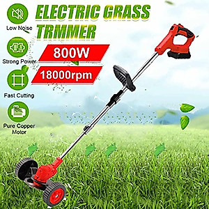 Weed Wacker Electric Cordless Grass Trimmer, 3-in-1 Lightweight Push Weed Eater & Edger Lawn Tool, 21V Brush Cutter Battery Powered, Lightweight Wheeled No String Trimmer for Garden&Yard