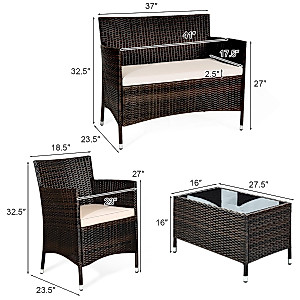 Toolsempire 4 Pieces Patio Sofa Set, Wicker Conversation Set with Ergonomic Curved Backrest, Patio Rattan Furniture Set with Water-Resistant Cushion & Tempered Glass Table for Balcony, Porch (Brown)