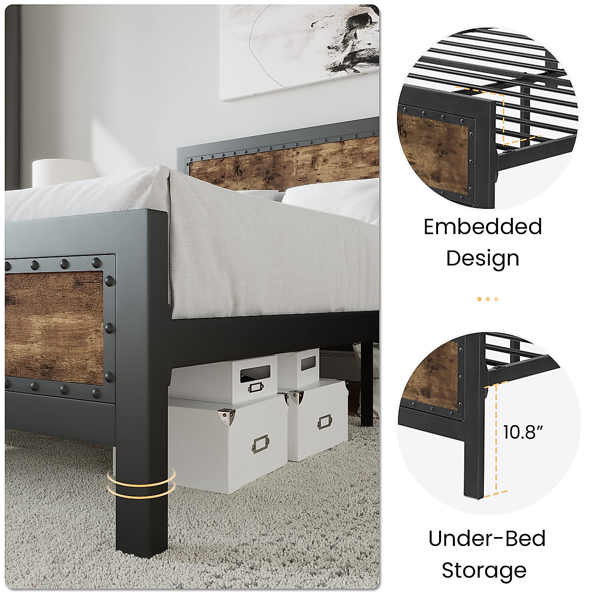 SHA CERLIN Grey Metal Bed Frame Full, Industrial Wooden Platform Base with Rivet Headboard and Footboard, No Box Spring Needed