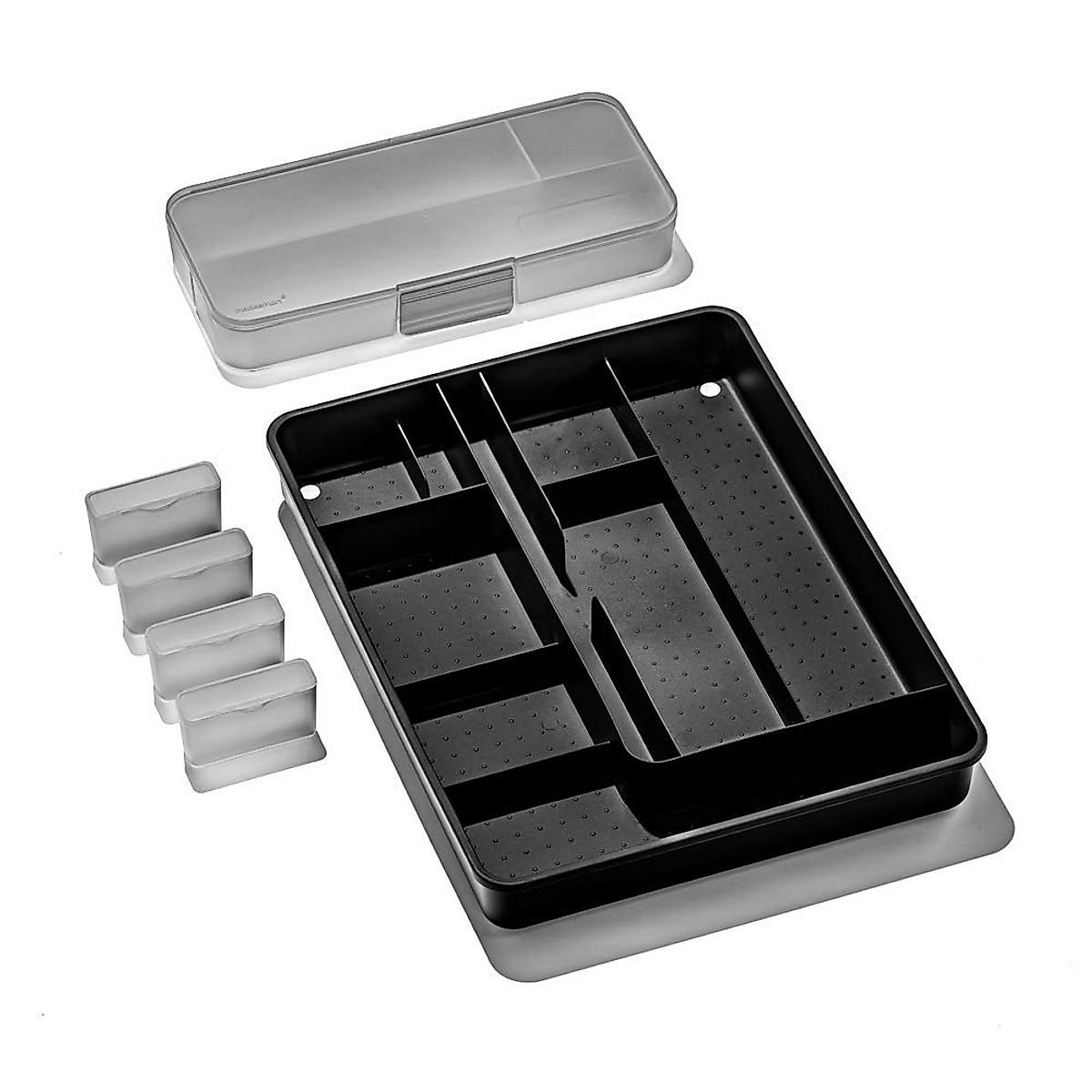 madesmart Junk Drawer Organizer Ultimate Tray-CARBON COLLECTION Multi-Purpose, Portable Top Case & Lidded Bins, Non-Slip Feet & BPA-Free, Large