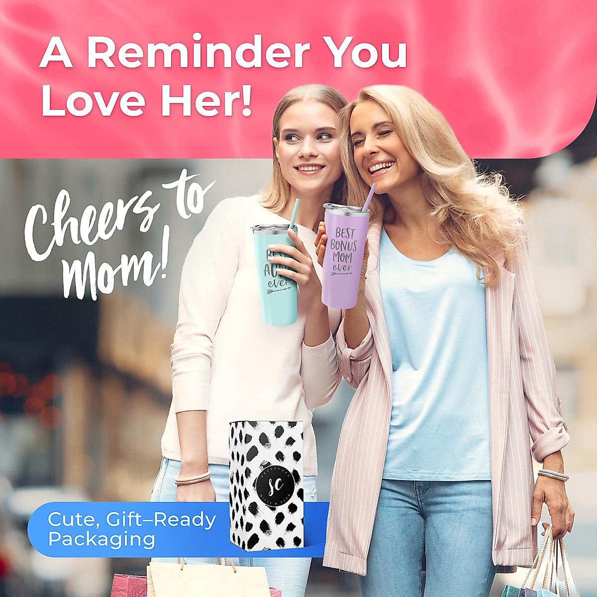 Best Bonus Mom Stainless Steel Coffee Mug with Insulated Travel Tumbler and Straw - Birthday Gift for Bonus Mom, Best Mom Ever, Friend, and Work Mom - Stepmom Travel Coffee Cup, Coffee Tumbler