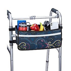 ISSYAUTO Walker Basket, Strap Mount Walker Cup Drink Holder with Two Split Board, Foldable Walker Storage Bag, Best Present for Family and Friends - Navy (Not Fit Rollator Walkers)
