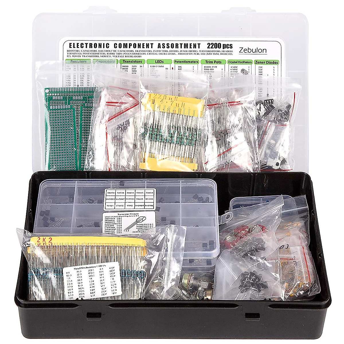 2200 pcs Electronic Component Assortment Kit, Capacitors, Resistors, Transistors, Inductors, Diodes, Potentiometer, IC, LED and PCB