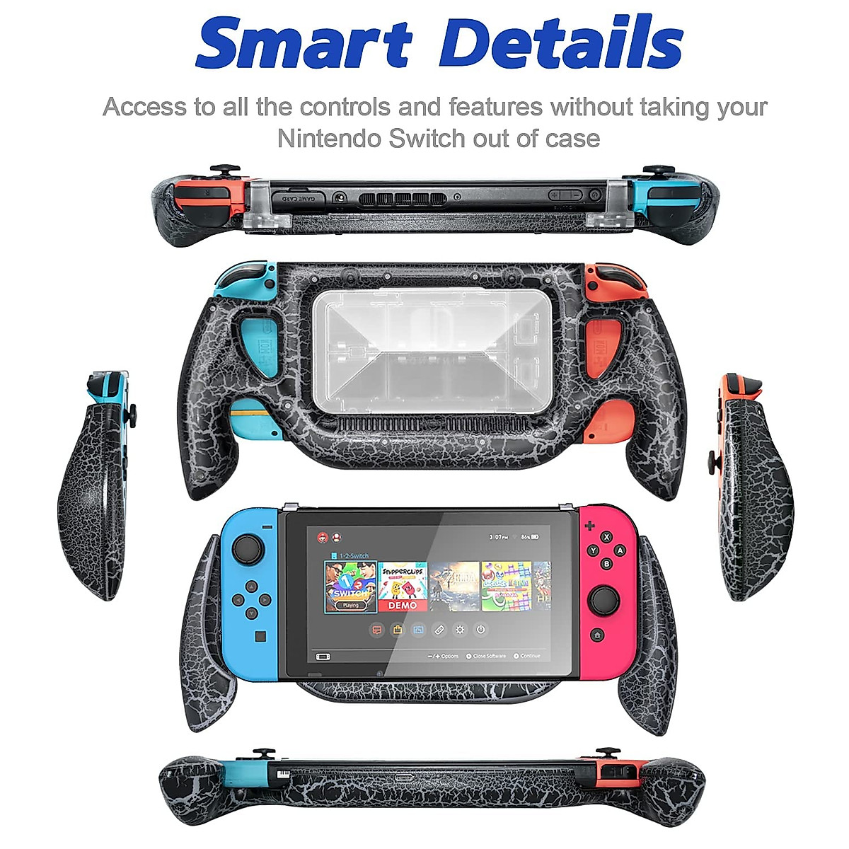 Grip Case with Stand for Nintendo Switch,Ergonomic Comfort Handles with Game Card Box USB C Charging Cable Protective Case Kit，with Tempered Glass Screen Protector & Thumb Grip Cap