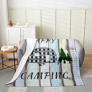 Camper All Season,Bed Blanket Happy Camping Plush Throw Blanket, RV Camping Flannel Fleece Blanket for Bedroom Decor Cartoon Camping Car Farmhouse Trailers Camper 40"x50"