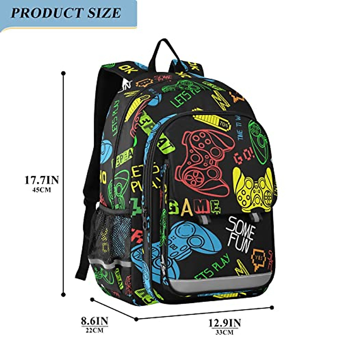 Vnurnrn Kids Backpack Abstract Pattern in Game Style Print Big Storage Multi Pockets 17.7 IN School Backpack with Chest Buckle Reflective Strip for Boys Girls 6+ years in Primary Middle High School