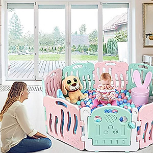 INFANS Baby Playpen, Kids Play Activity Center Yard for Toddlers, 10-Panel Safety Foldable Play Yard with Safety Lock, Adjustable Shape, Game Panel & Gate for Indoors or Outdoors (Green & Pink)