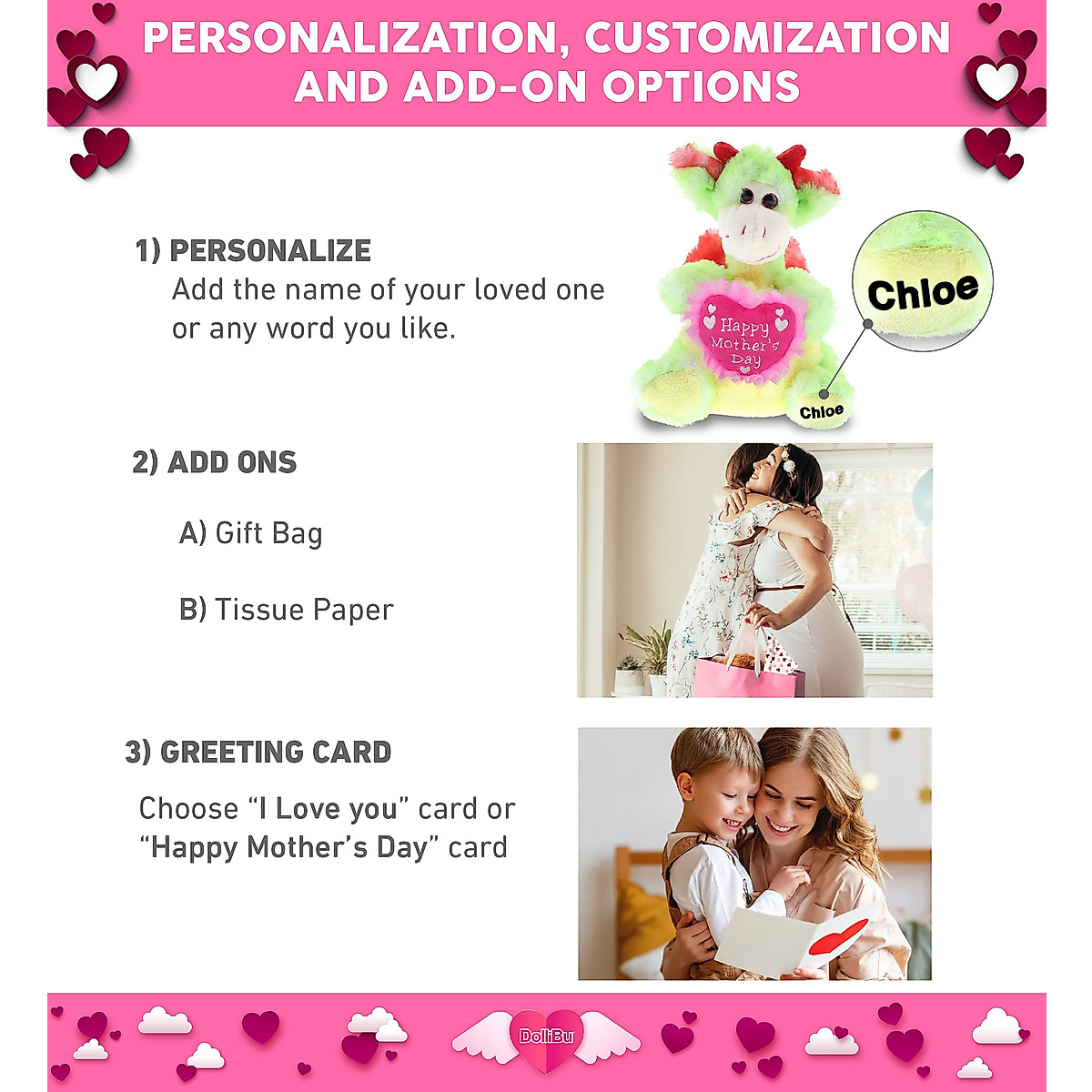 DolliBu Happy Mother's Day Super Soft Plush Dragon Doll Figure - Cute Stuffed Animal with Pink Heart Message for Best Mommy, Grandma, Wife, Daughter - 8" Inches